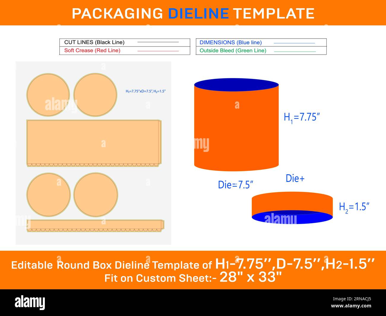 Large box, round lid gift box die line template with the dimension H1 7 ...