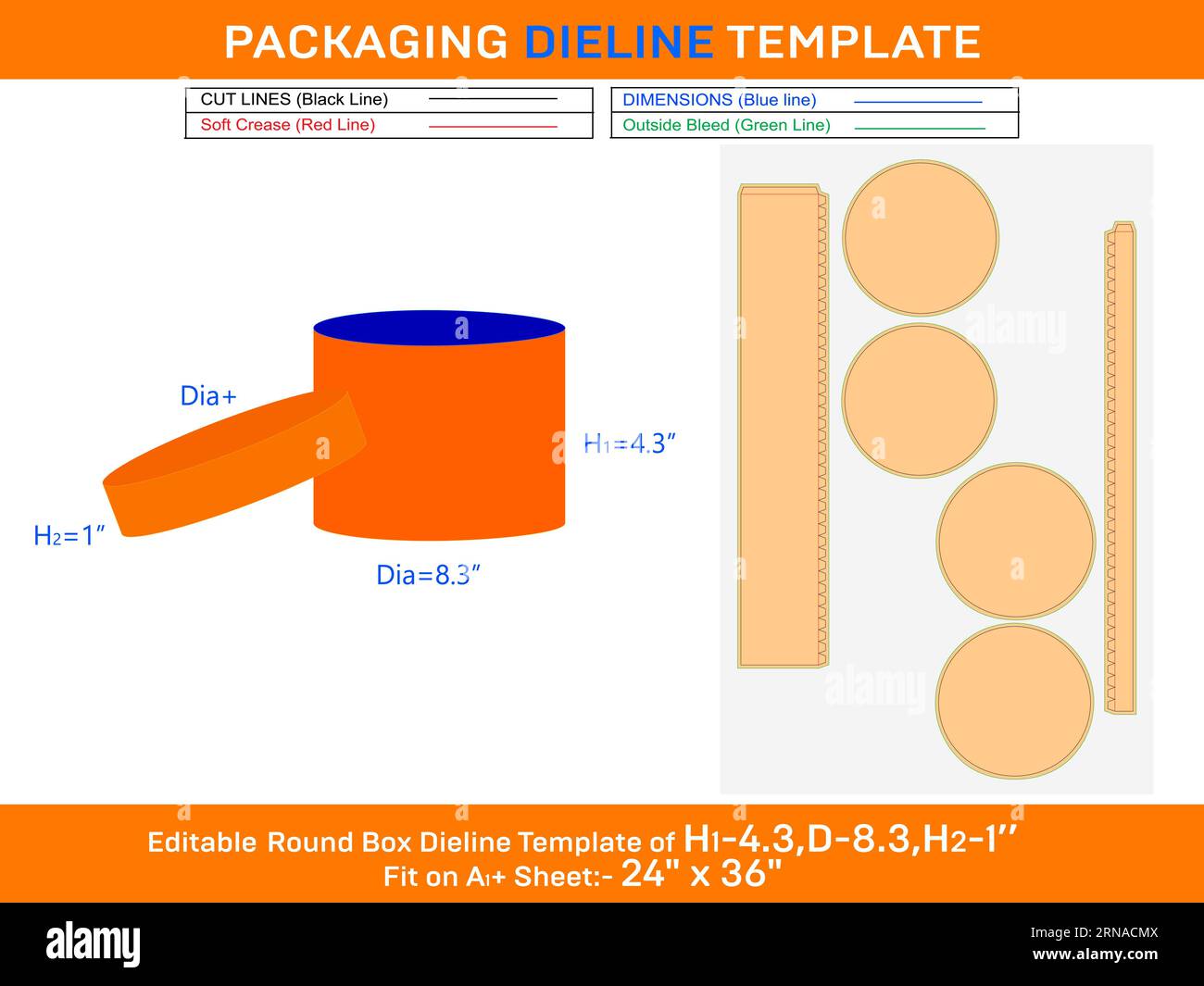 Event decor, round lid gift box die line template with the dimension H1 ...