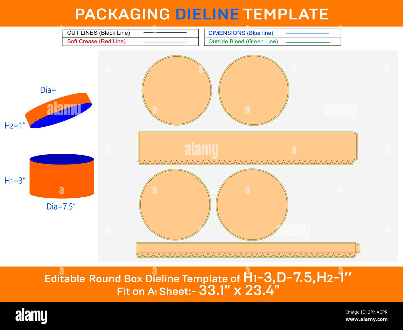 Hat box, round lid gift box die line template with the dimension H1 3 ...