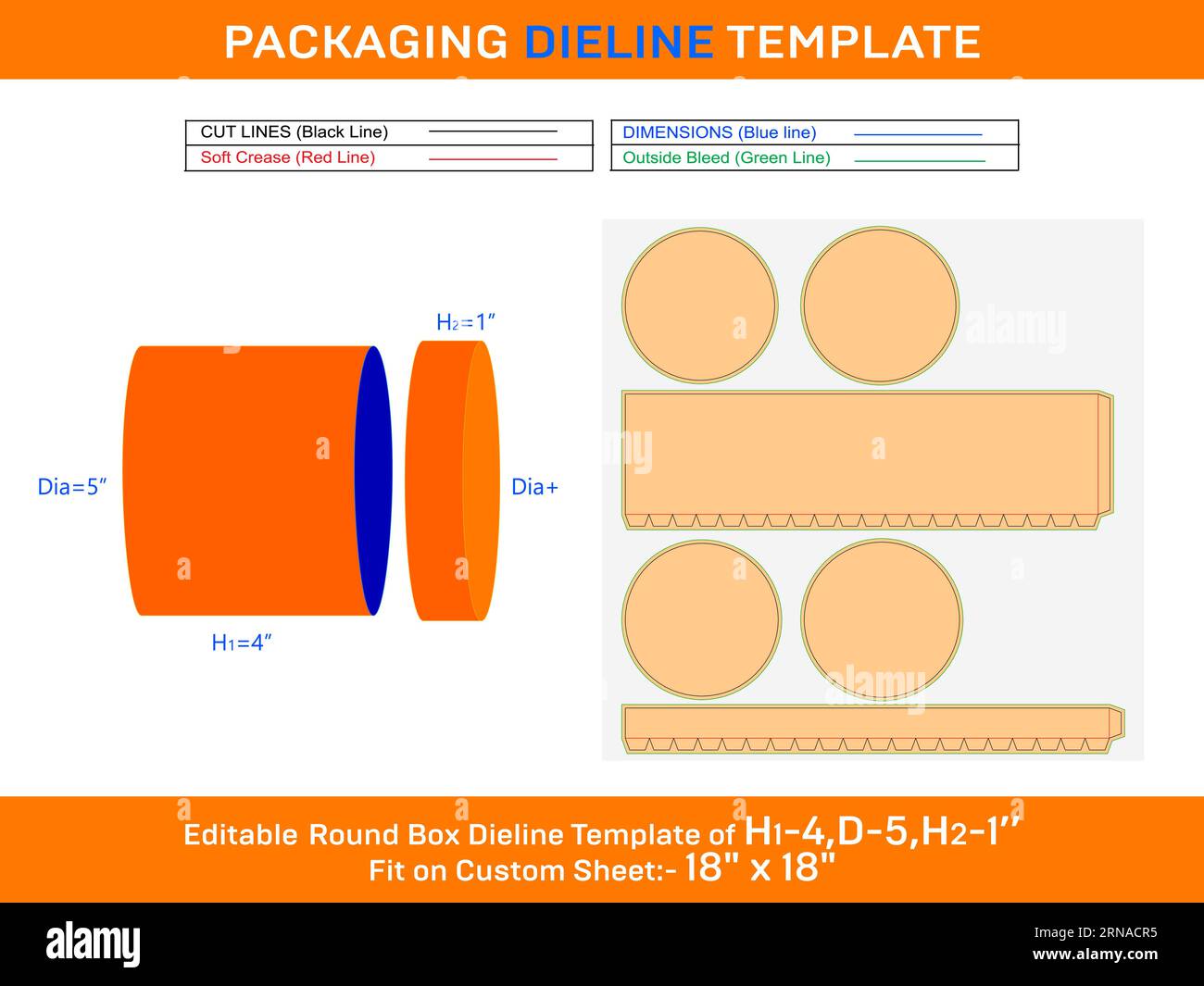 Cream box, round lid box die line template with the dimension H1 4, D 5 ...