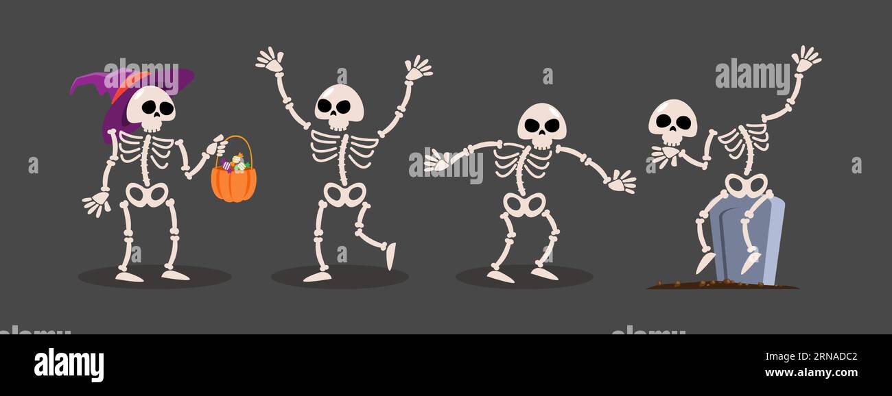 Set of Skeleton ghost . Halloween cartoon characters . Gray isolate ...