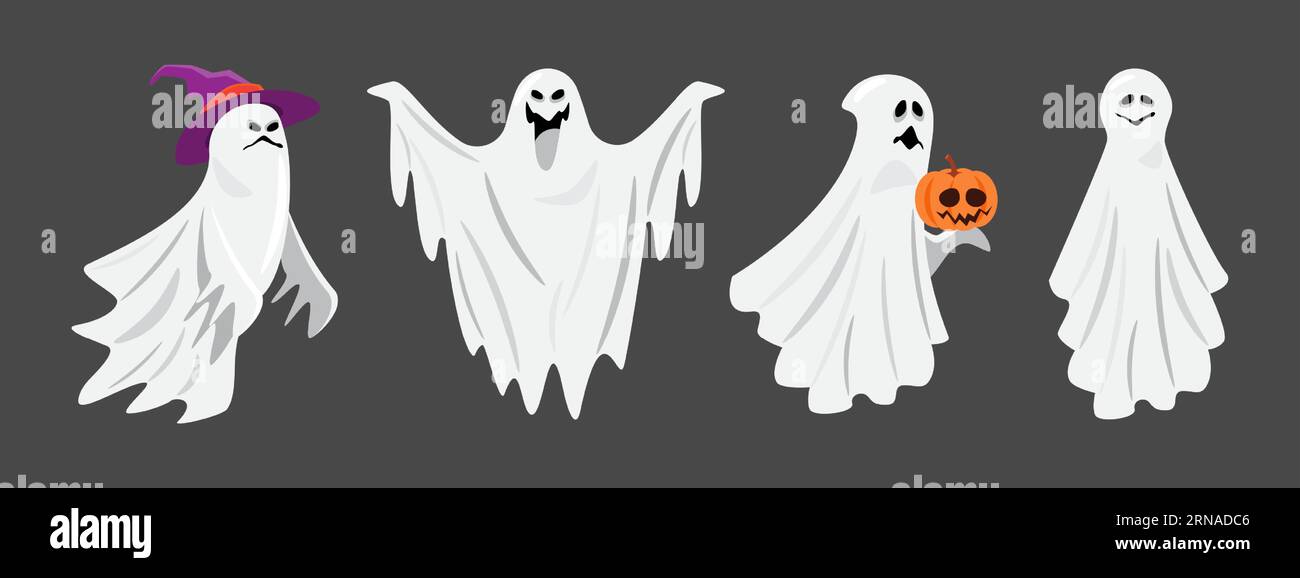 Set of White cloth ghost . Halloween cartoon characters . Gray isolate ...