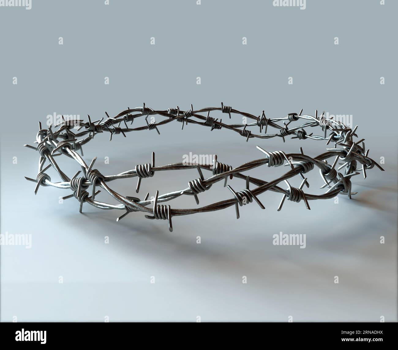 A modern concept of strands of barbed wire woven into a crown depicting ...