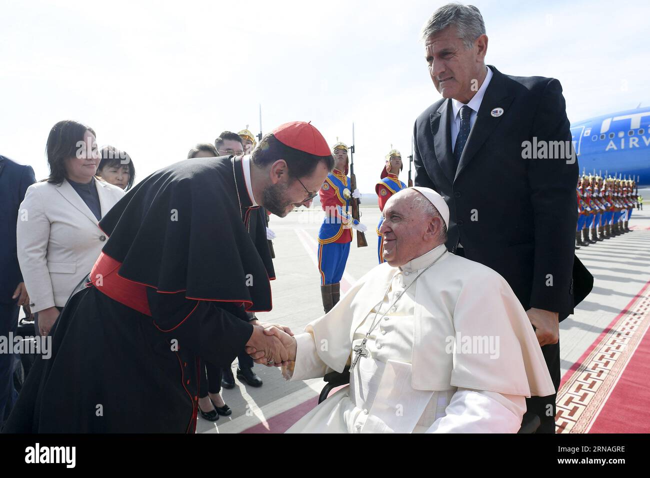 Ulaanbaatar, Mongolia. 01st Sep, 2023. Pope Francis is welcomed by ...