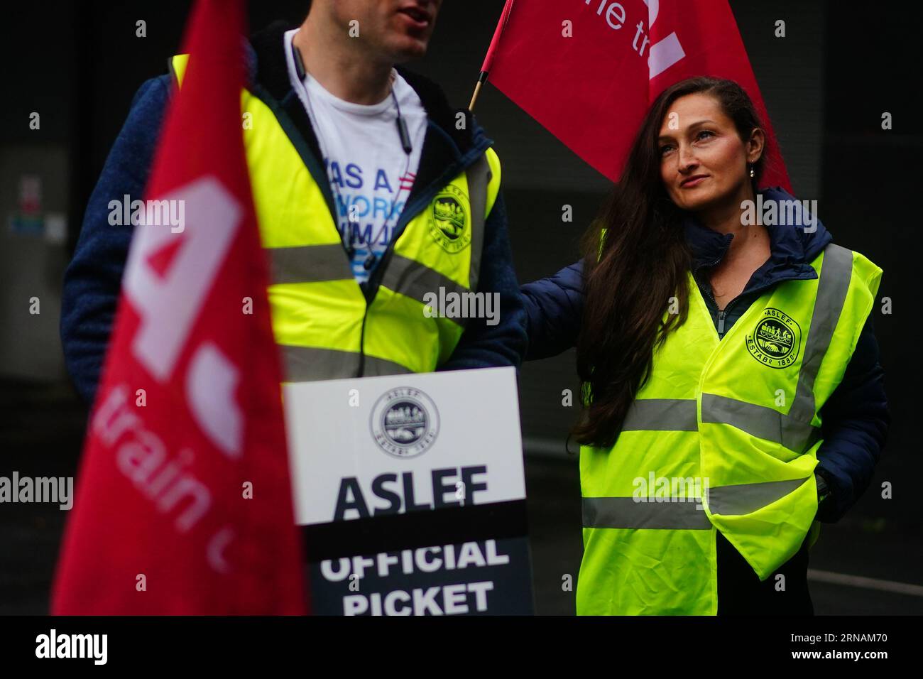 Members of the Aslef union on a picket line at Euston station in London ...