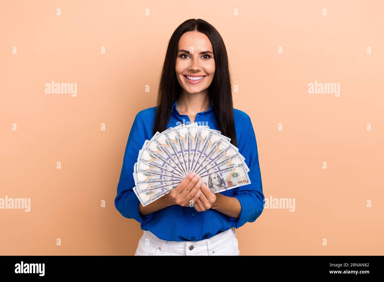 Photo of positive gorgeous lady boss manager wear stylish blue clothes ...