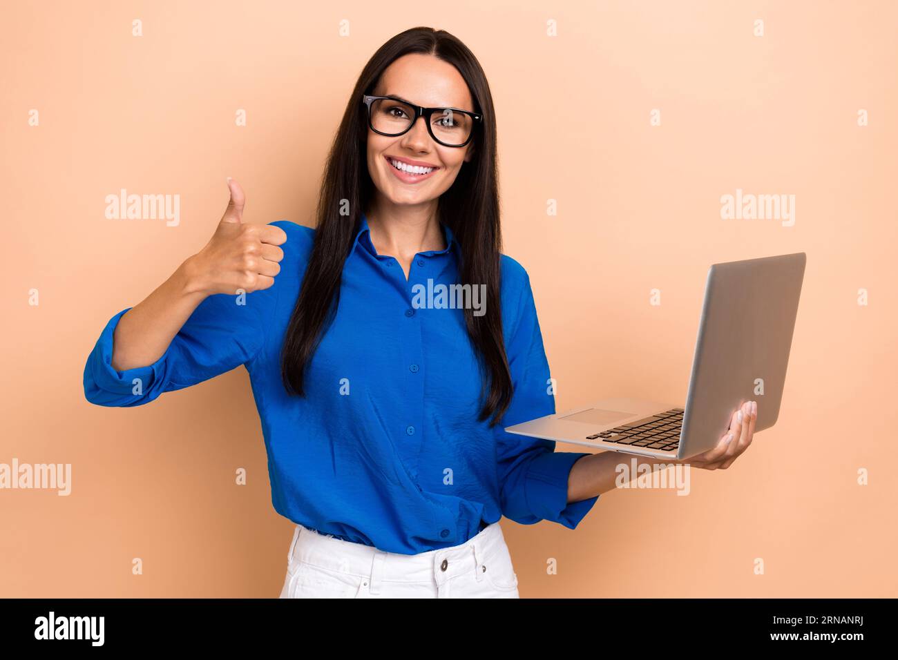 Portrait of charming elegant recruiter girl toothy smile demonstrate ...