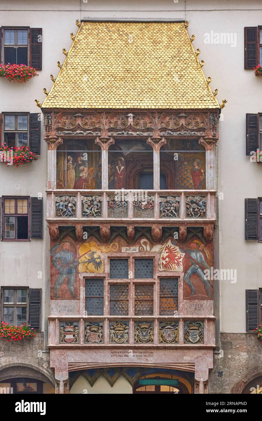 Goldenes dachl. Golden tiles in a decorated balcony. Innsbruck, Austria ...