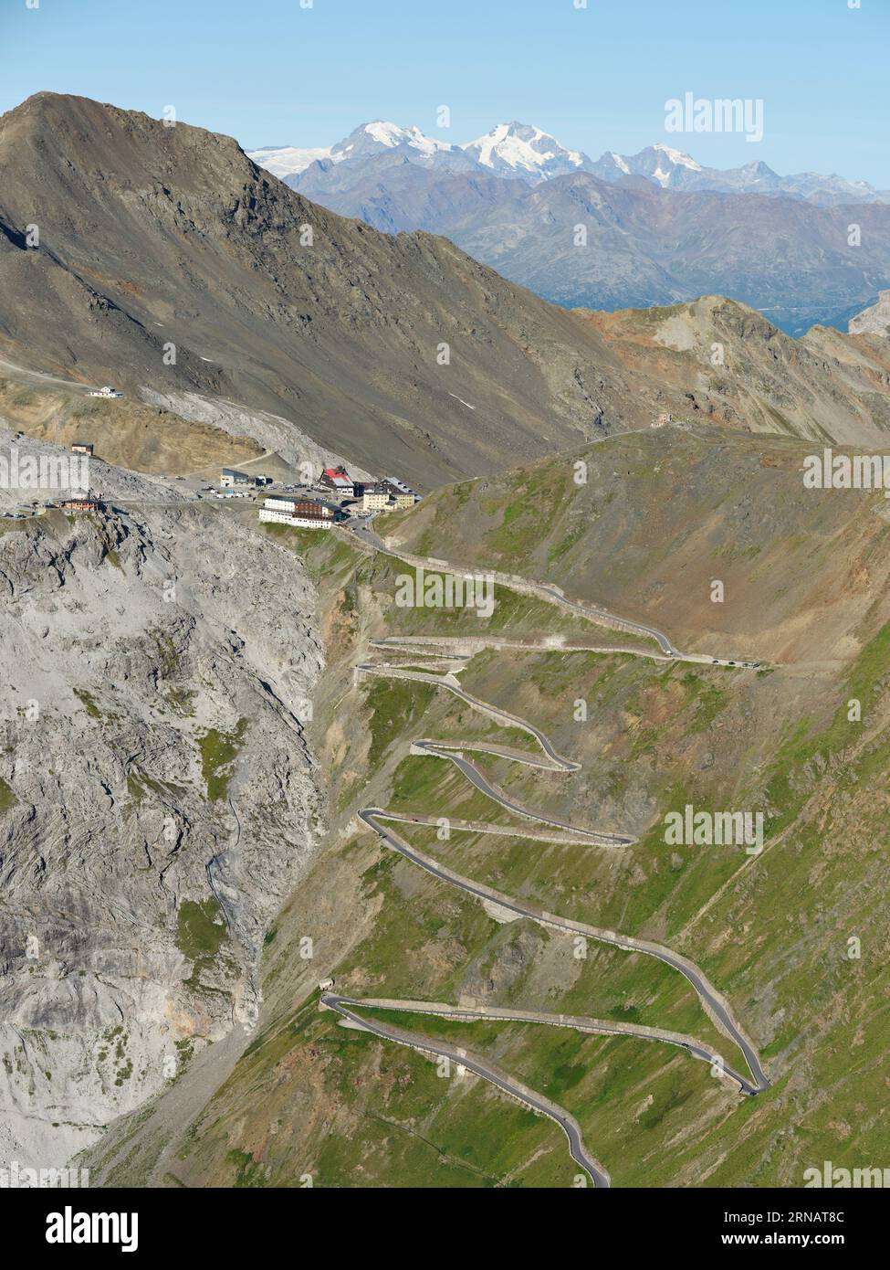 AERIAL VIEW. Stelvio Pass (Italy's highest at 2,757 meters asl) viewed ...