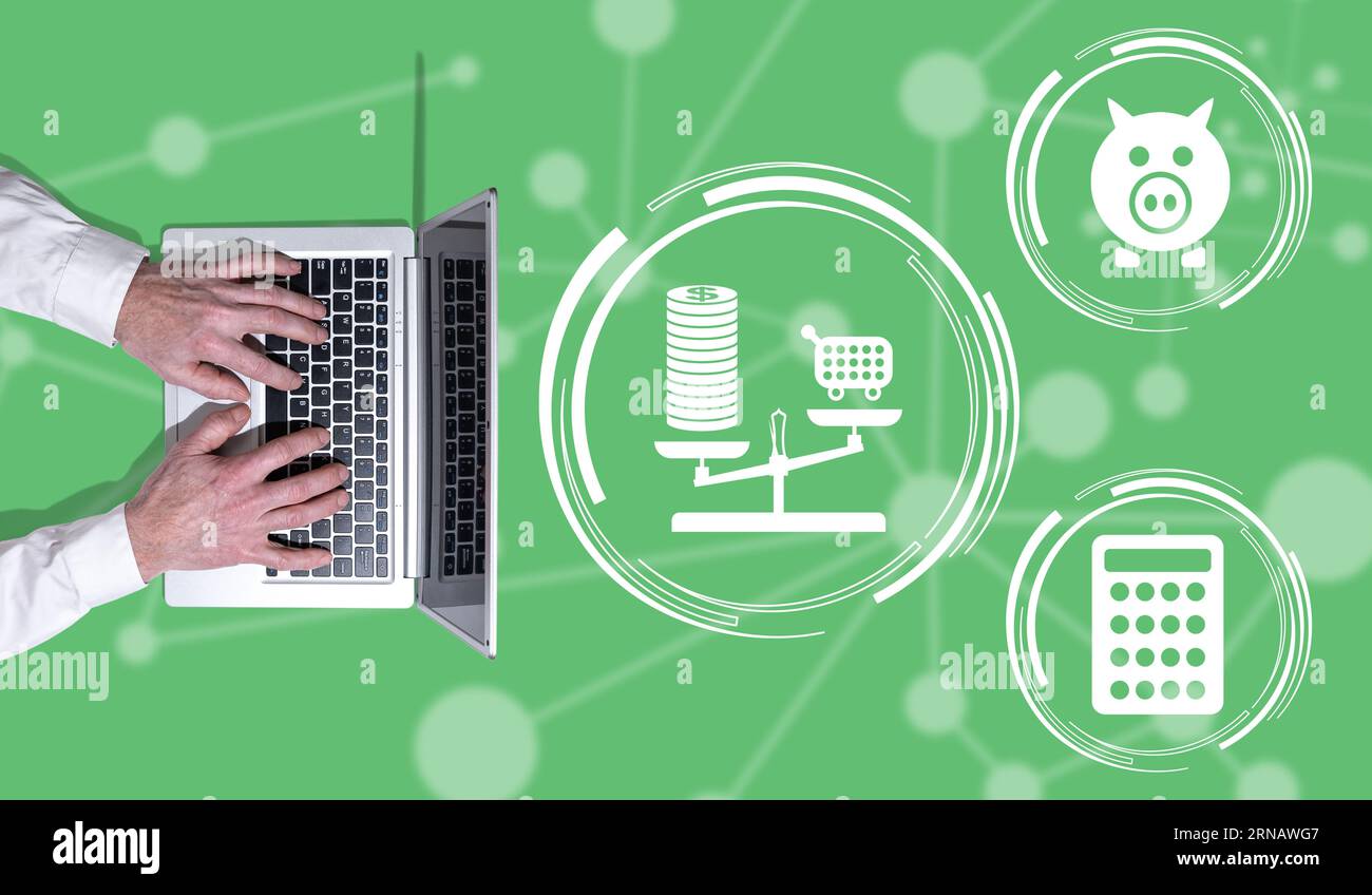 Top view of hands using laptop with symbol of inflation concept Stock ...