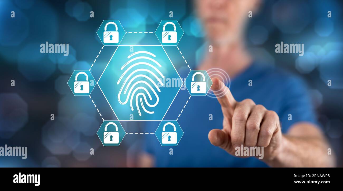 Man touching a fingerprint security system concept on a touch screen ...