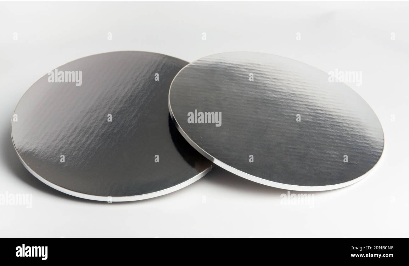 Silver plastic round tray isolated over white background, confectionery ...