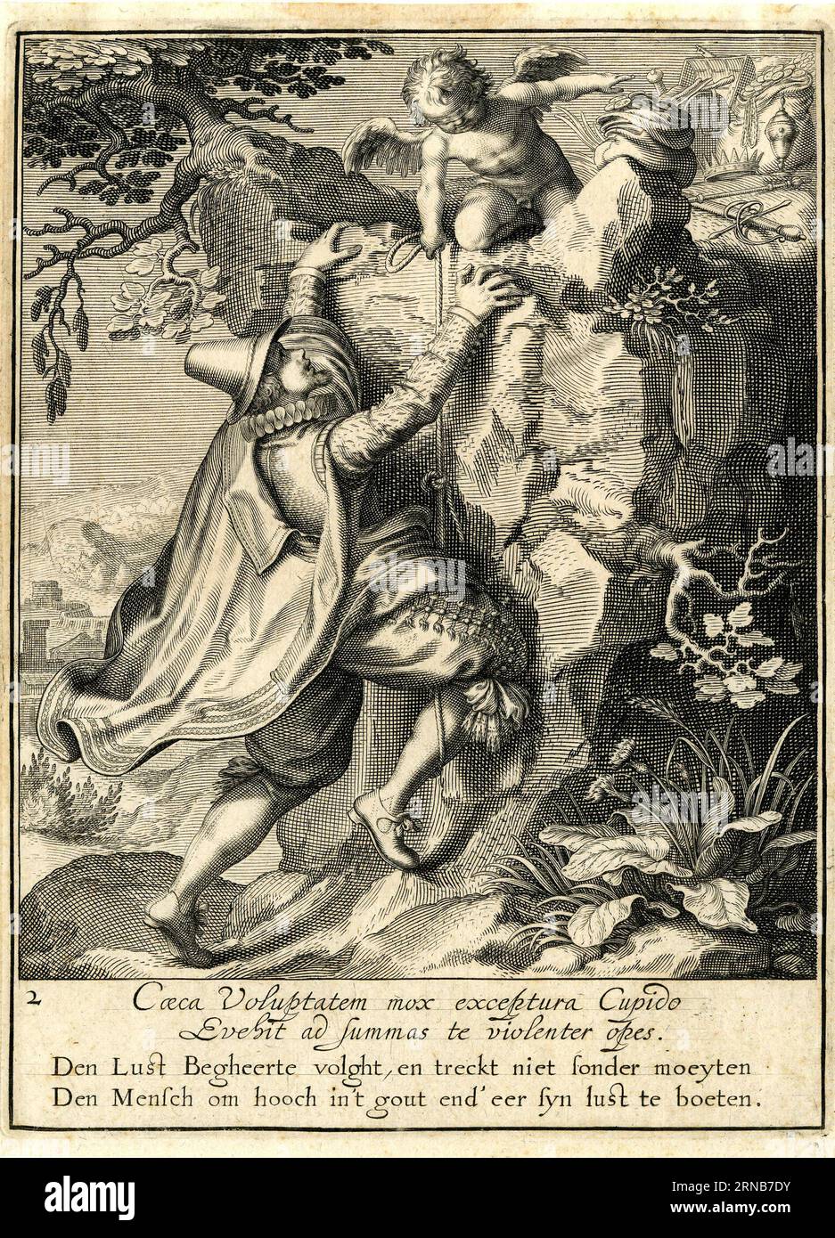 Young Man Climbing Rocky Hillside Aided by Blindfolded Cupid, Allegory of the Misuse of Worldly ...