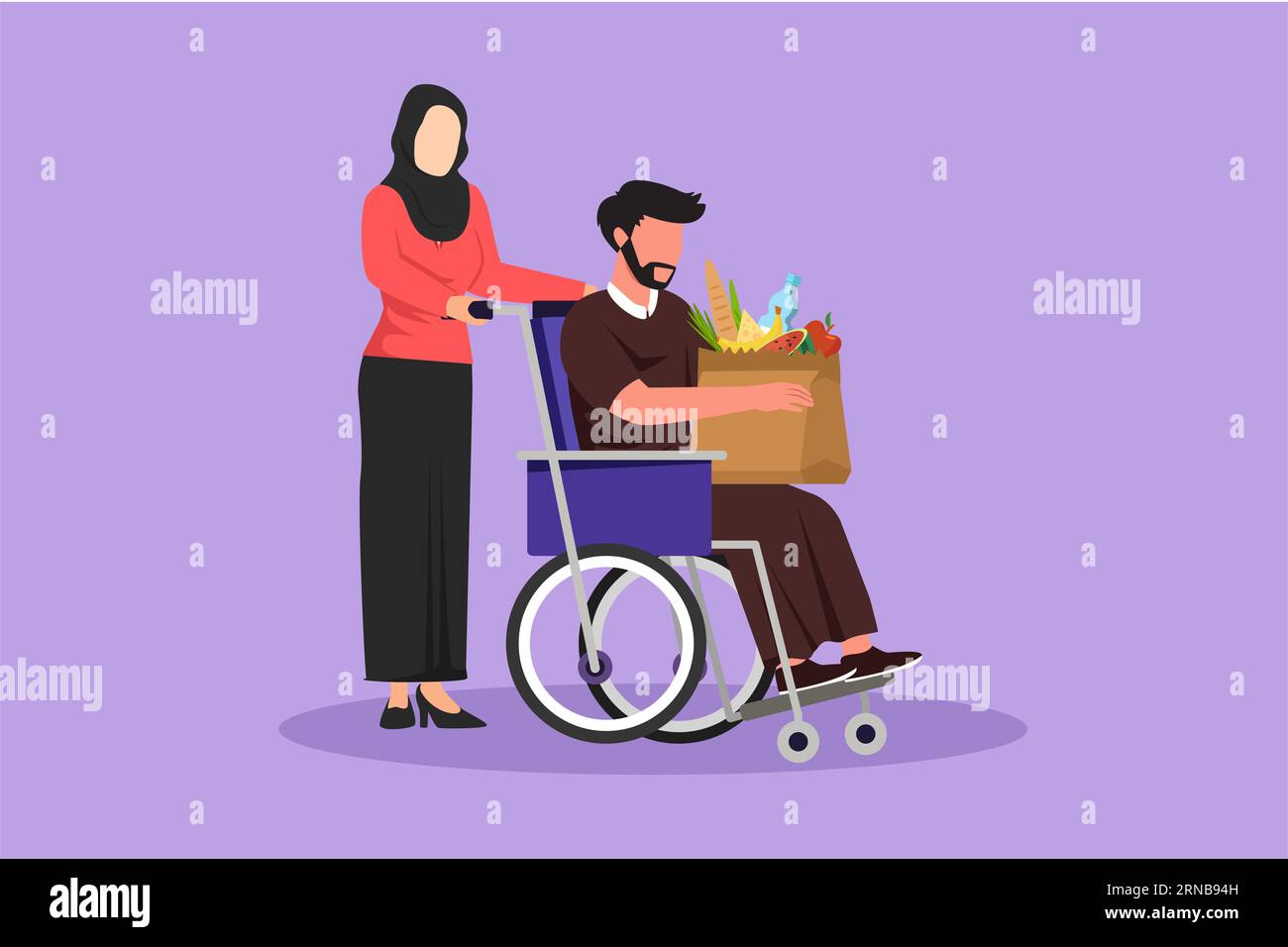 Cartoon flat style drawing social worker helping old man on wheelchair ...