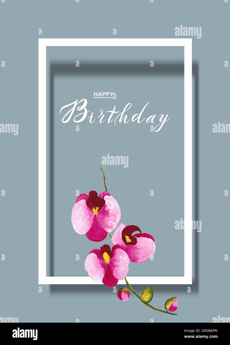 Happy birthday card with hand drawing orchid flower, watercolor drawing ...