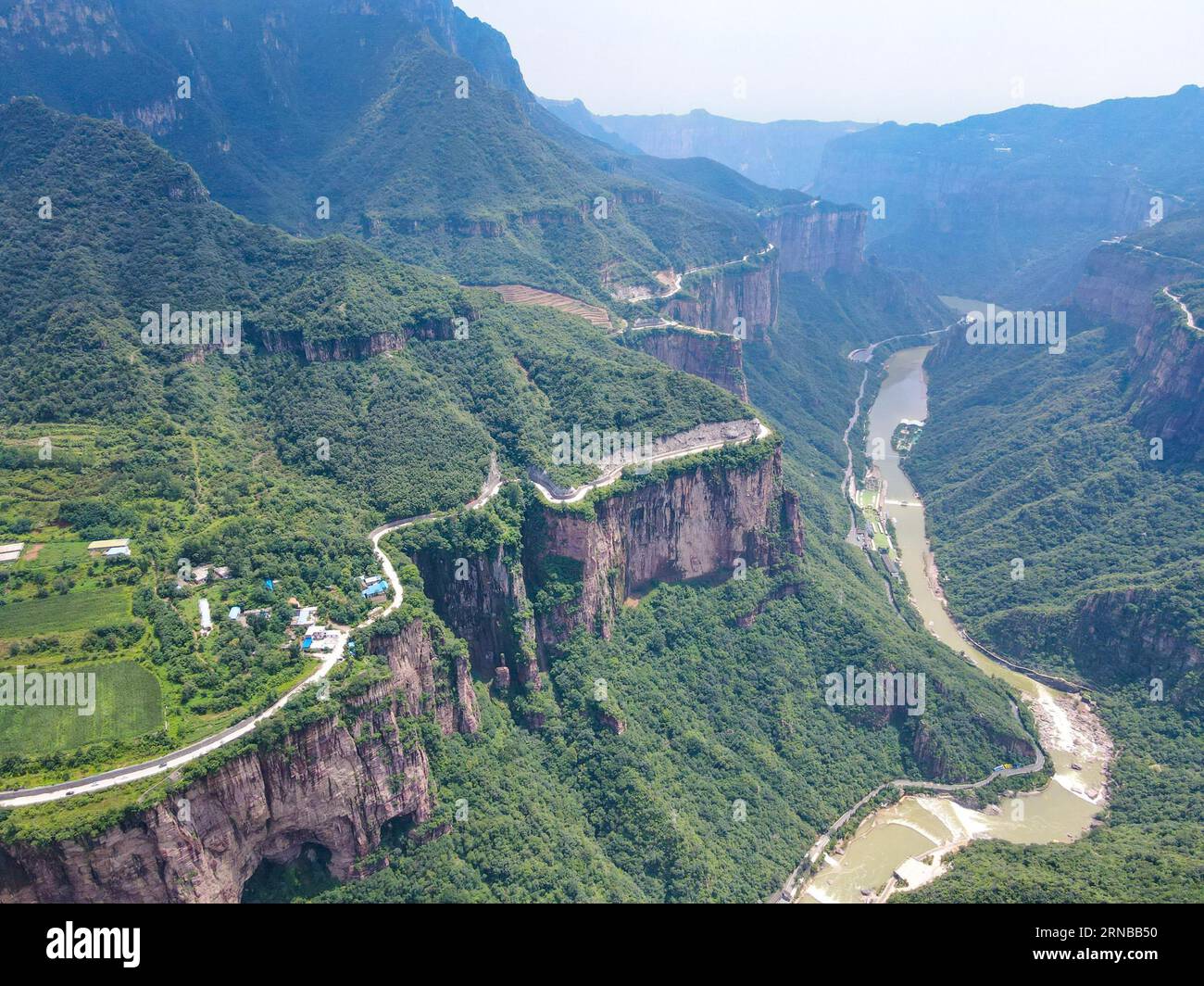 Aerial photo shows the splendid waterfall on the Taihang Mountains in ...