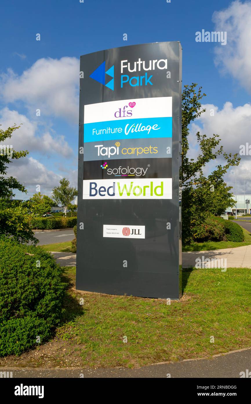 Sign for shops at Futura Park retail outlets, Ipswich, Suffolk, England ...