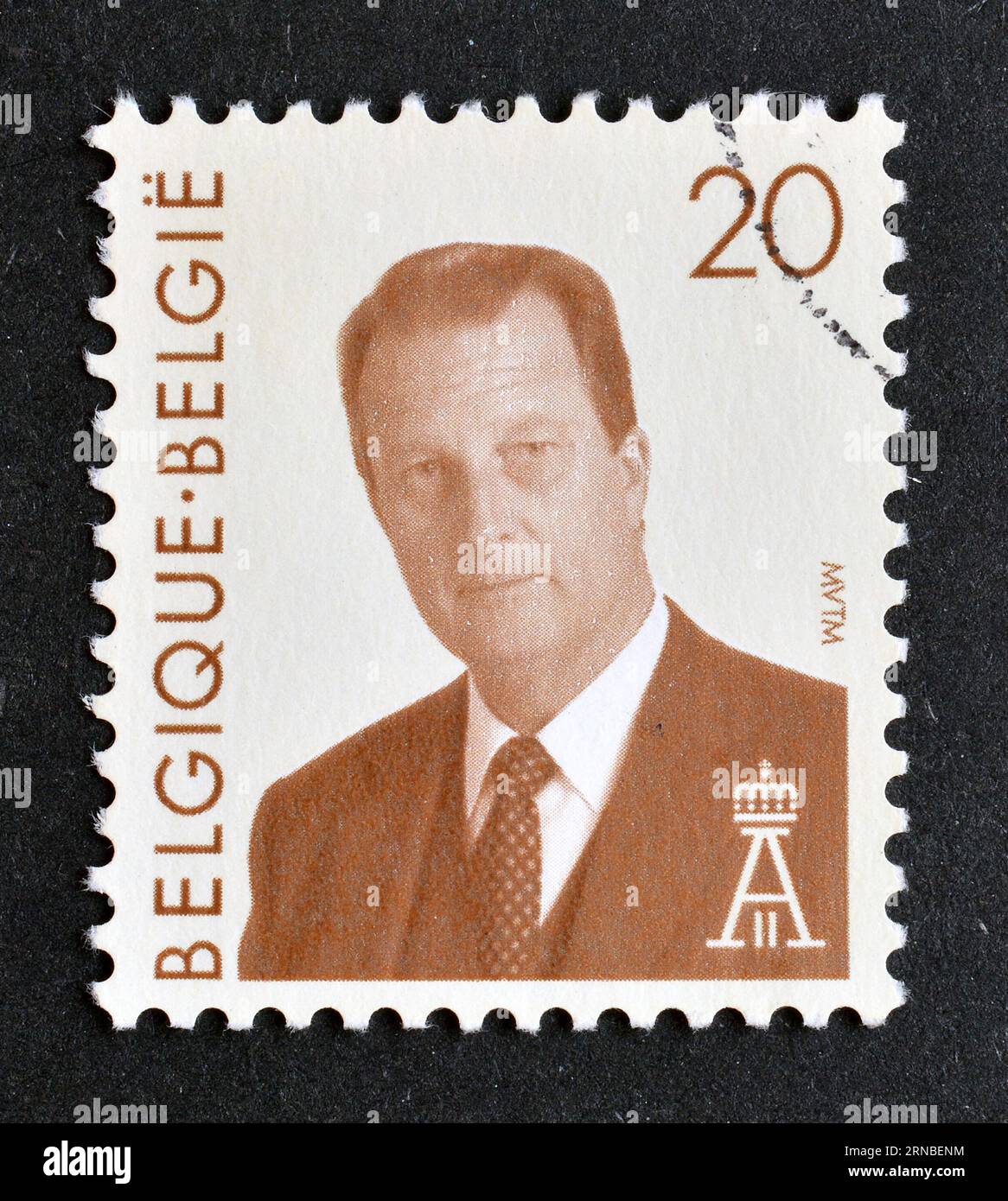 Cancelled postage stamp printed by Belgium, that shows portrait of King ...