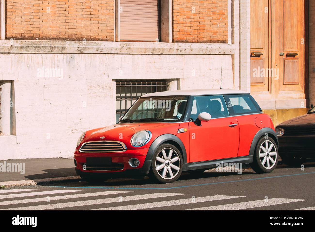 Rome, Italy. Red Mini Cooper Hatch Car Of Second Generation Parked At ...