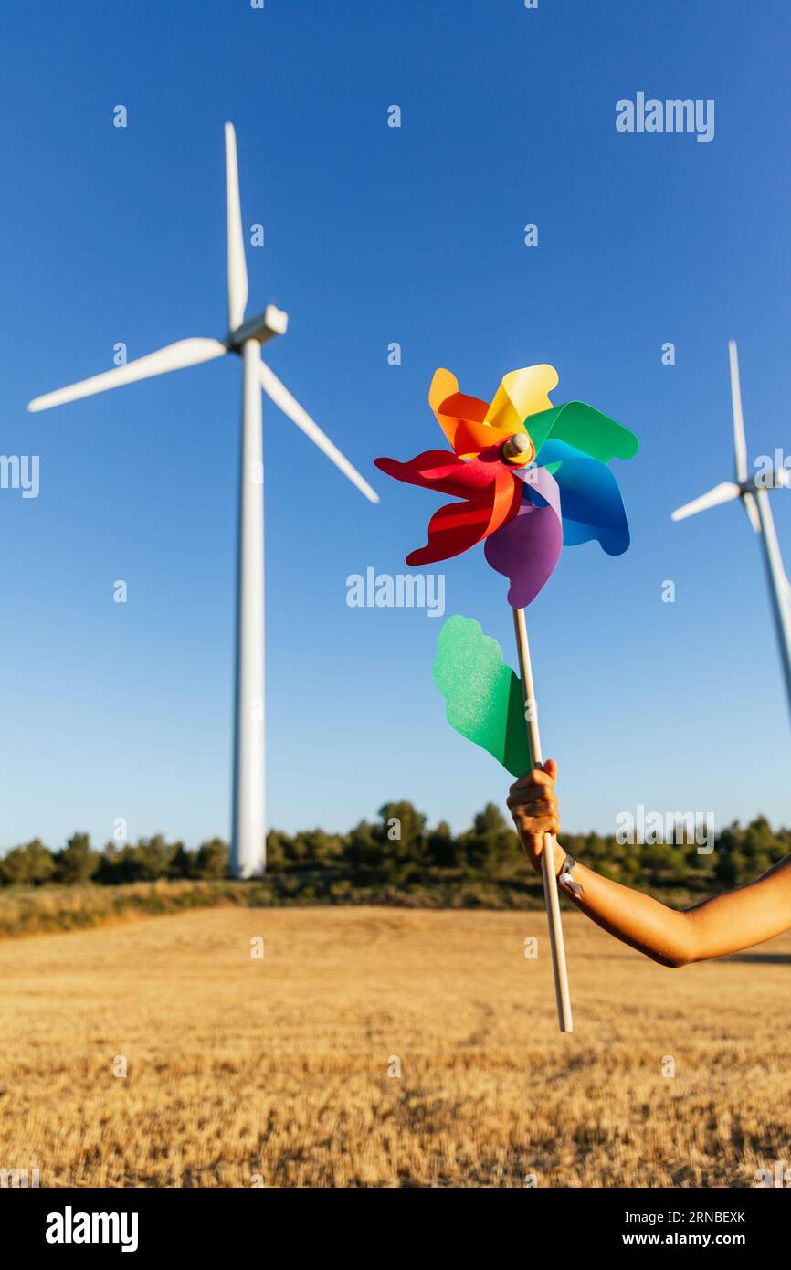 An unrecognizable person stands in a rural field holding a pinwheel ...