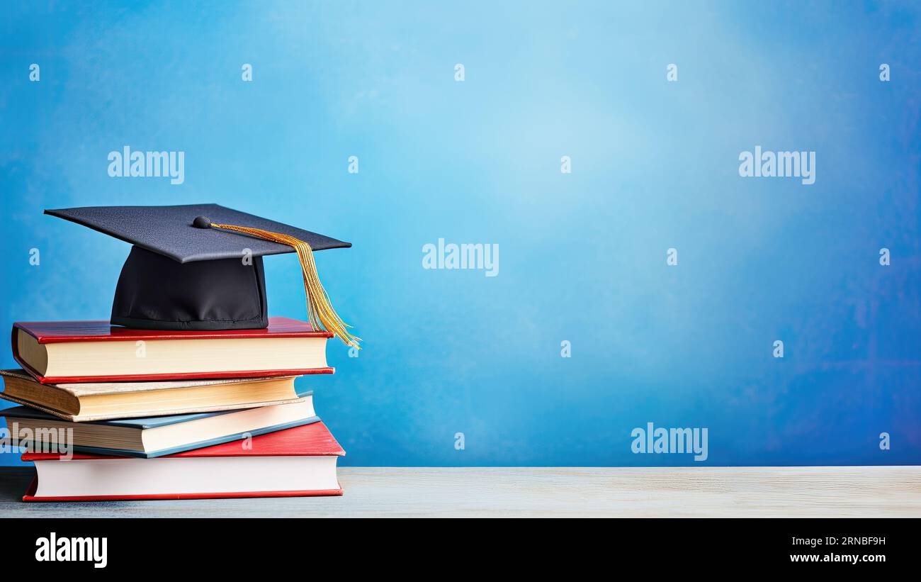 School books and graduation hat on table with blue wall background ...