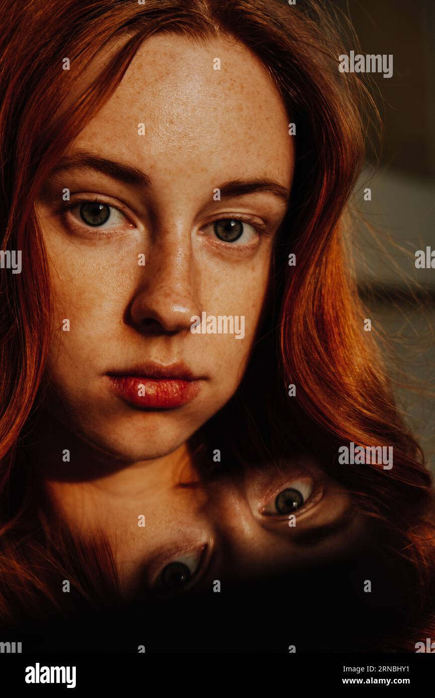 Art Portrait of Girl with Freckles at Sunset with Eyes` reflection ...