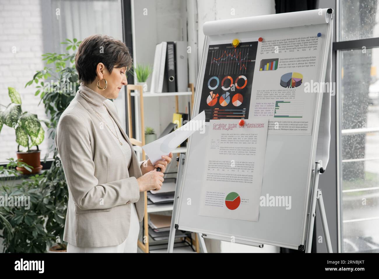 mature businesswoman looking at document near flip chart with ...