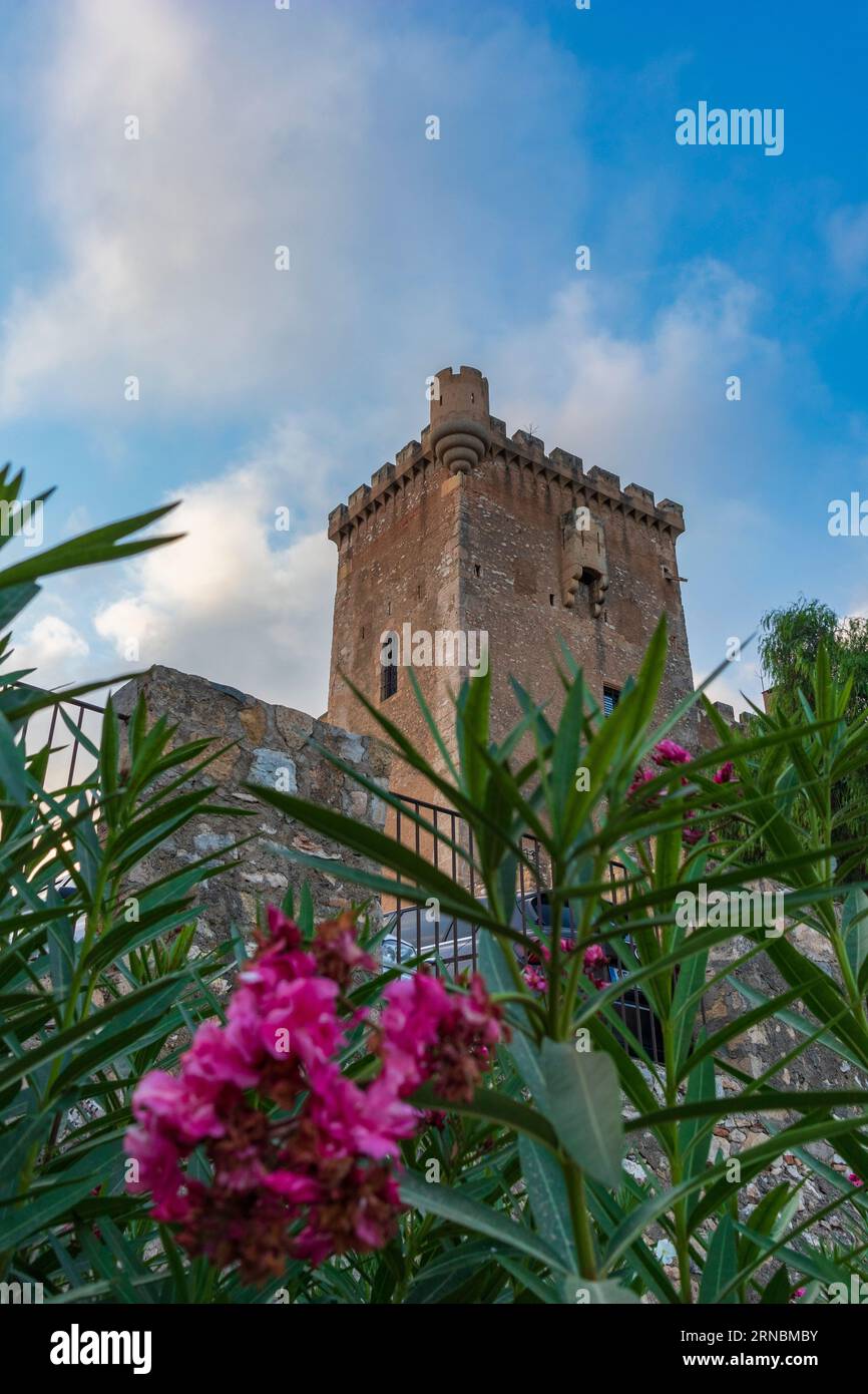 Tower of an old castle with balcony and several windows Stock Photo - Alamy