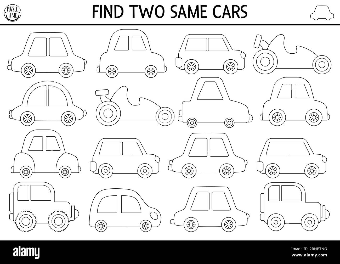 Find two same cars. Transportation black and white matching activity ...
