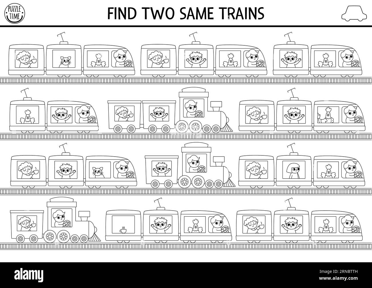 Find two same trains. Transportation black and white matching activity ...