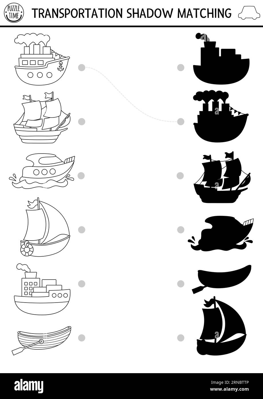 Transportation black and white shadow matching activity. Water ...