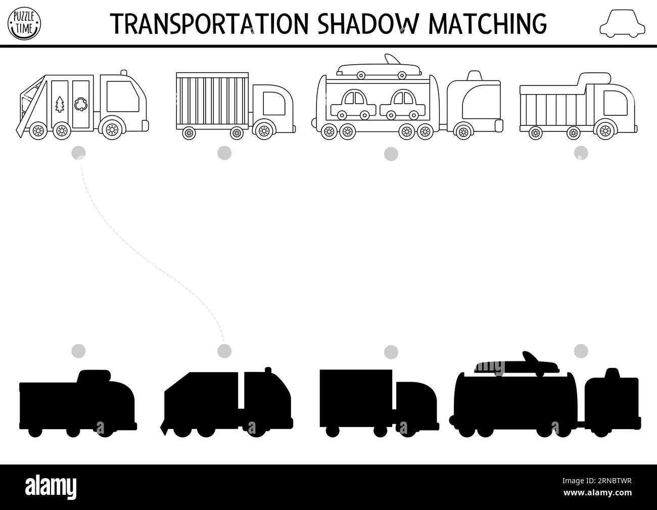 Transportation black and white shadow matching activity. Transport line ...
