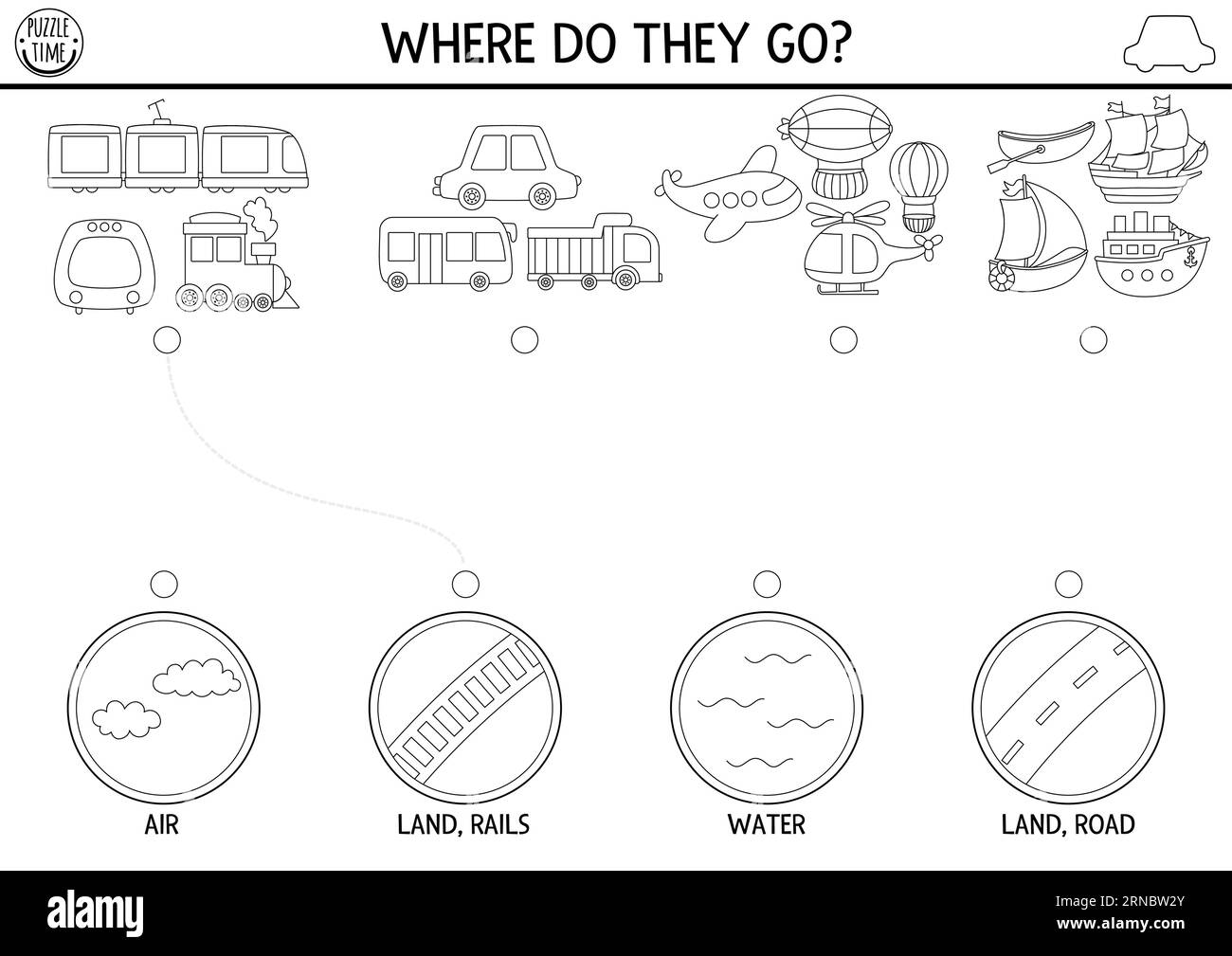 Transportation black and white matching activity with cute plane, ship ...