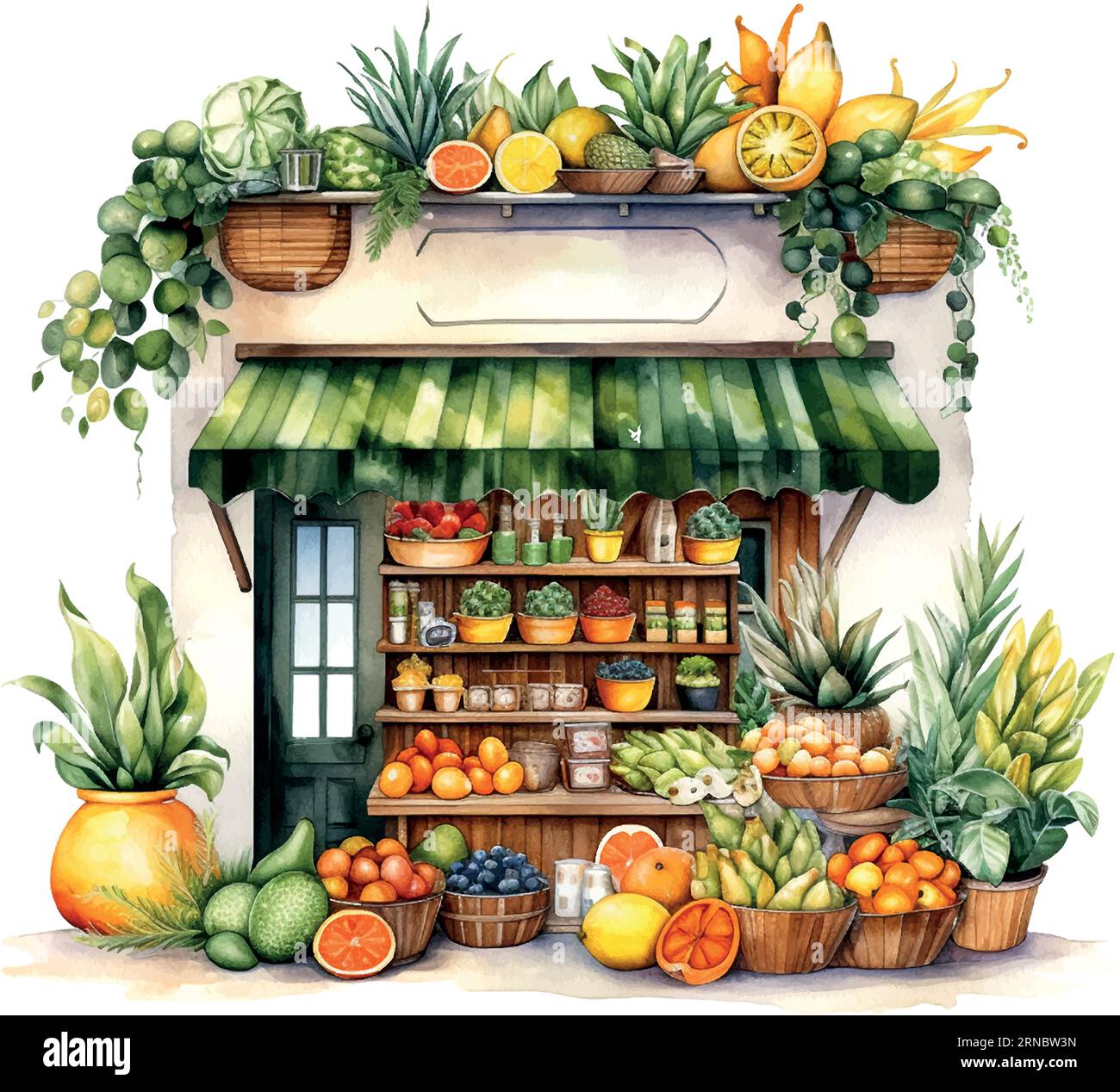 Organic green shop watercolor in cartoon style on white background ...