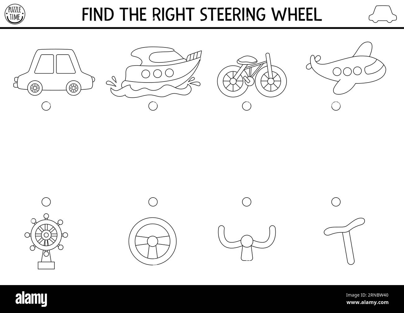Transportation Black And White Matching Line Activity With Cute Transport And Missing Parts