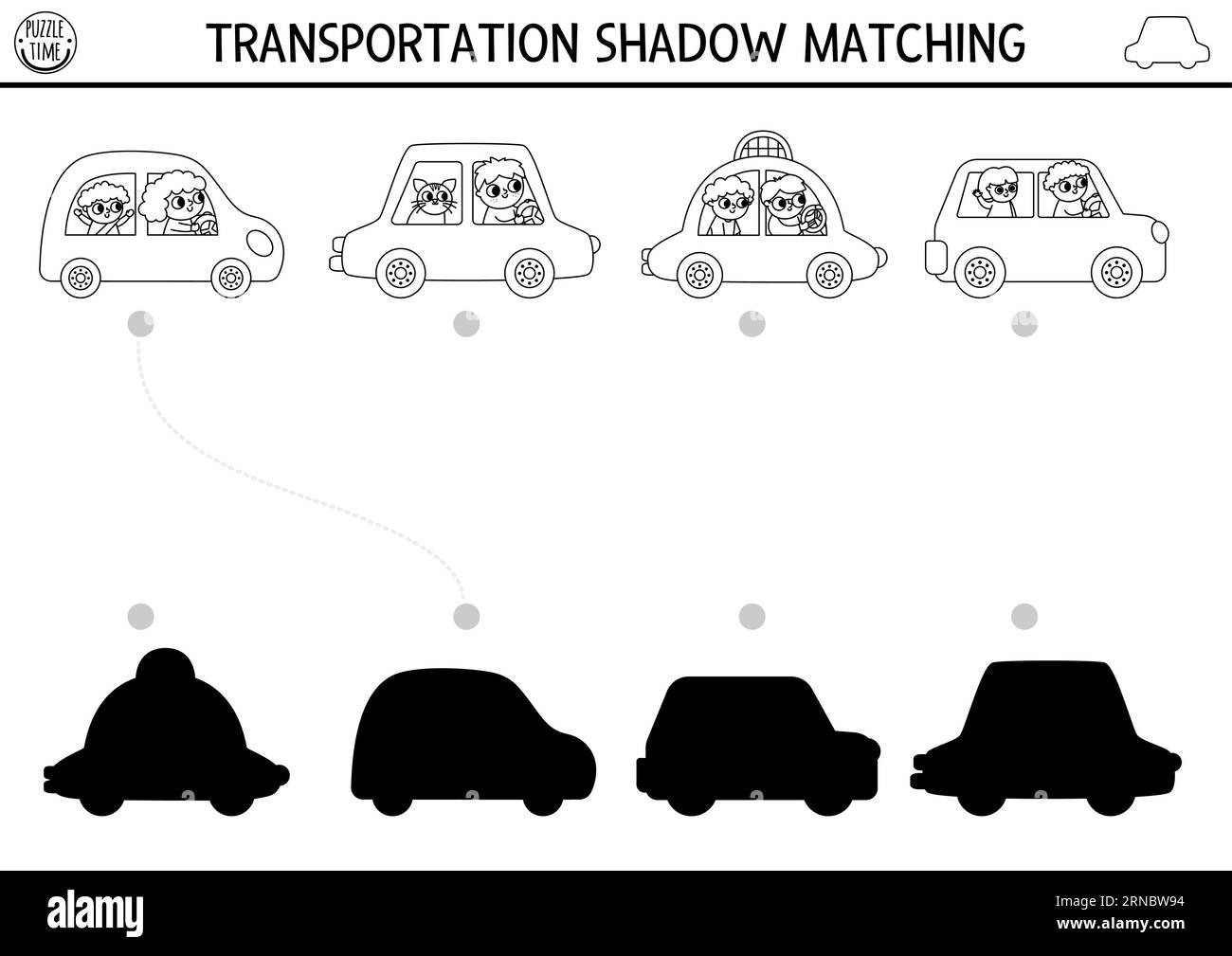 Transportation black and white shadow matching activity. Transport line ...