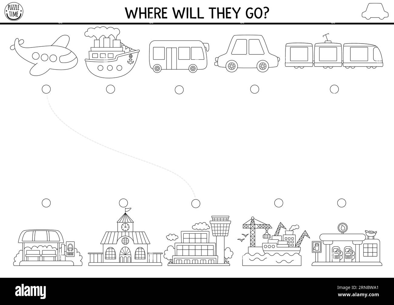 Transportation black and white matching activity with cute plane, bus ...