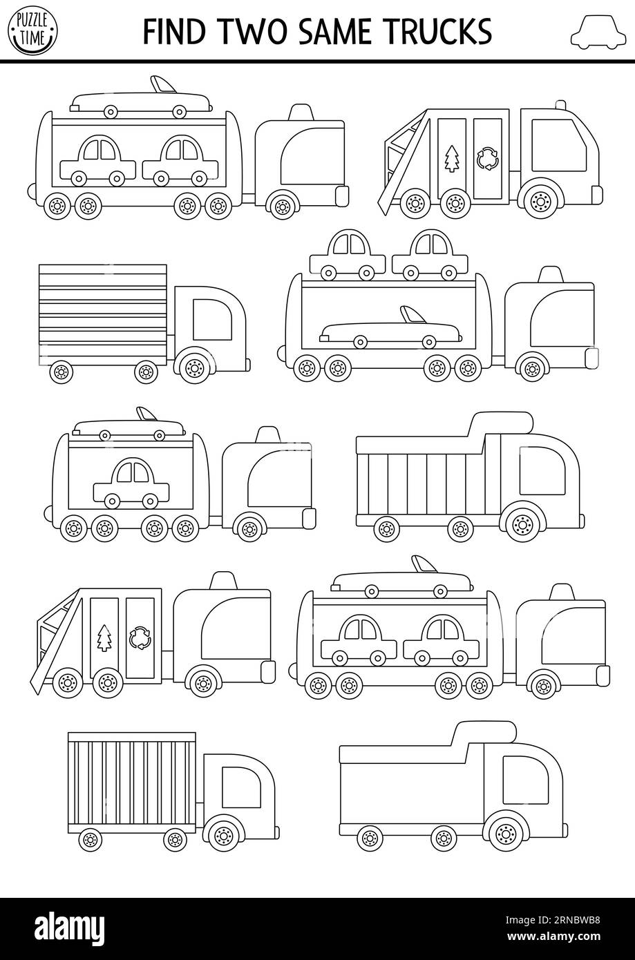Find two same trucks. Transportation black and white matching activity ...