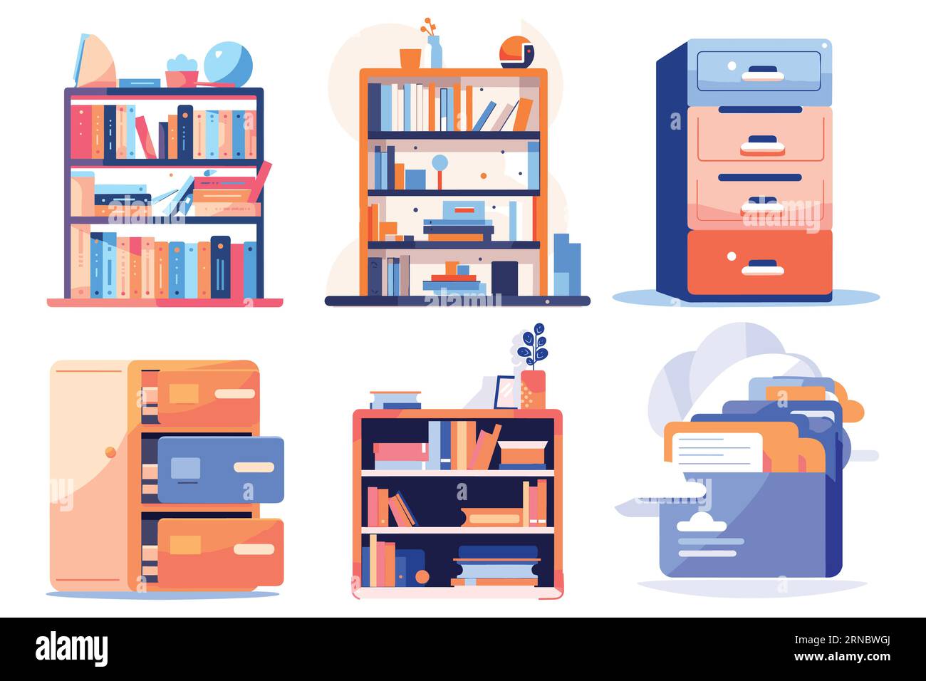 Bookshelves and filing cabinets in the office in UX UI flat style ...
