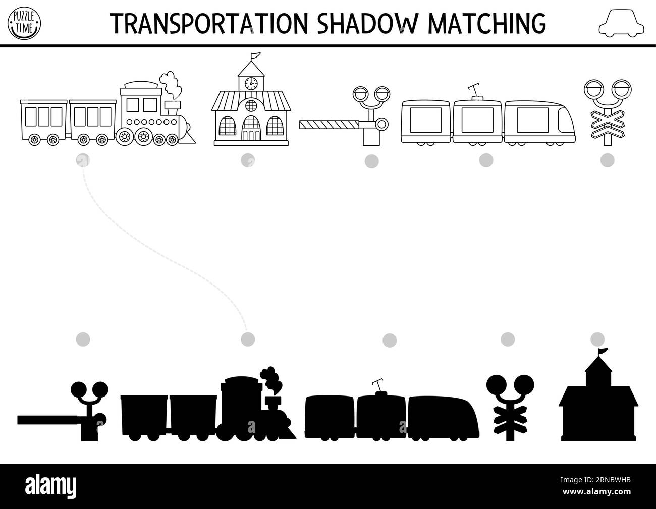 Transportation black and white shadow matching activity. Railway ...