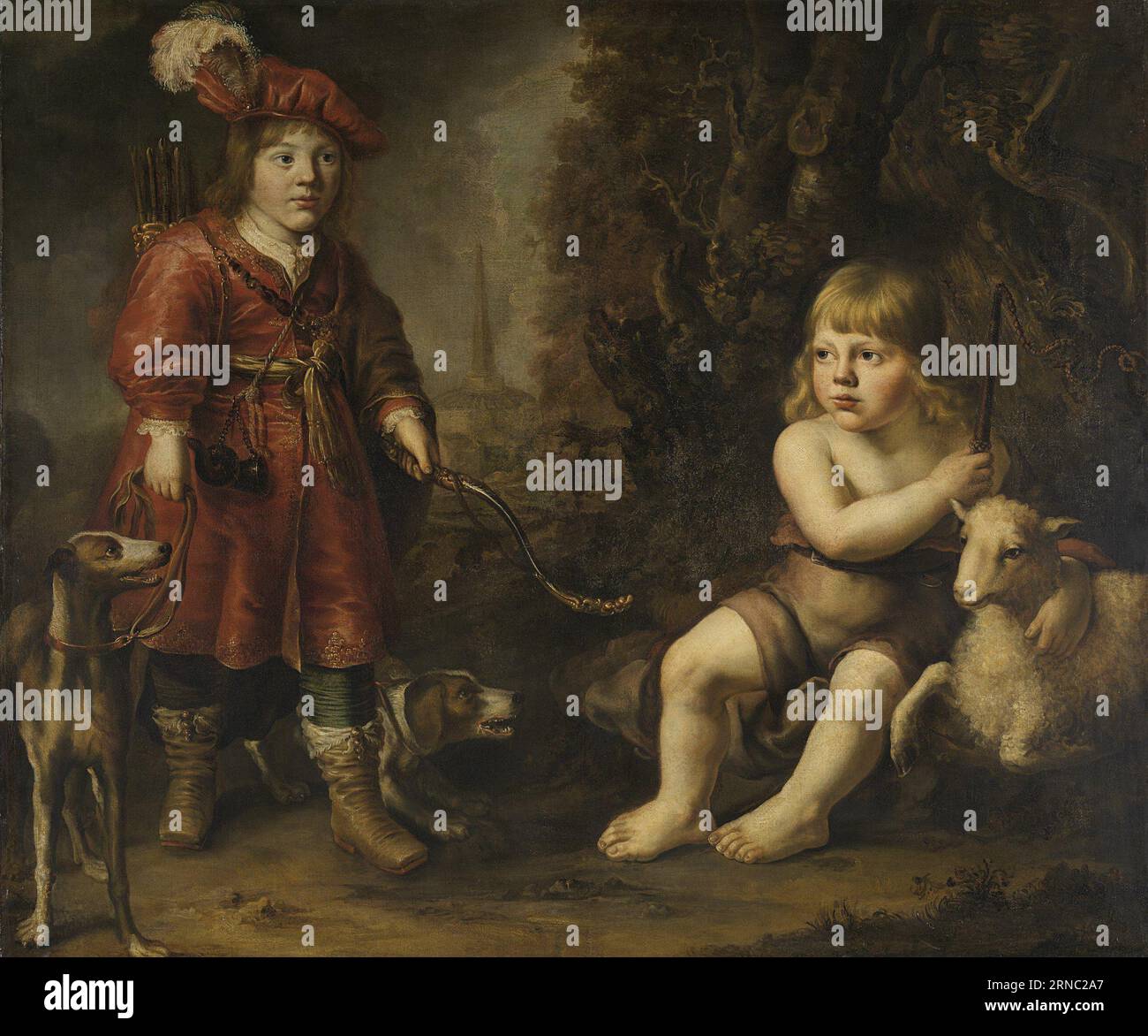 Portraits of two boys in a landscape, one dressed as a hunter, the ...