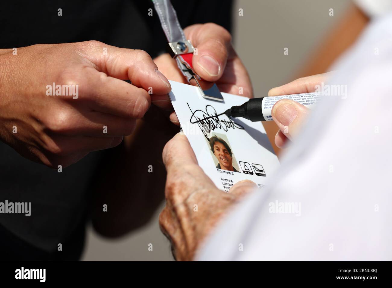 Monza, Italy. 01st Sep, 2023. Jackie Stewart (GBR) - signs autographs for a fan. Formula 1 World ...