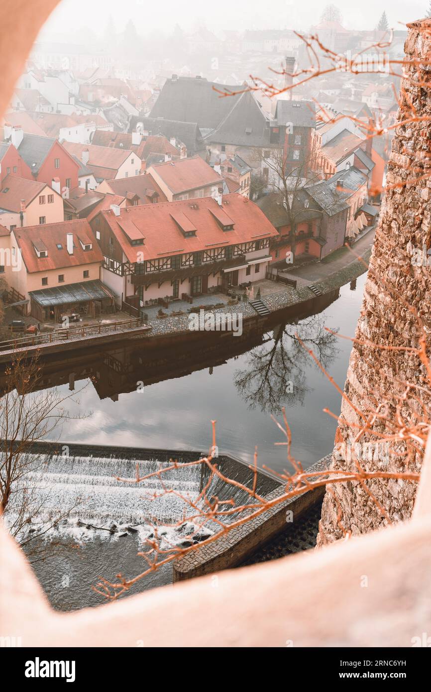 Enchanting medieval village in misty Czech winter. UNESCO heritage ...