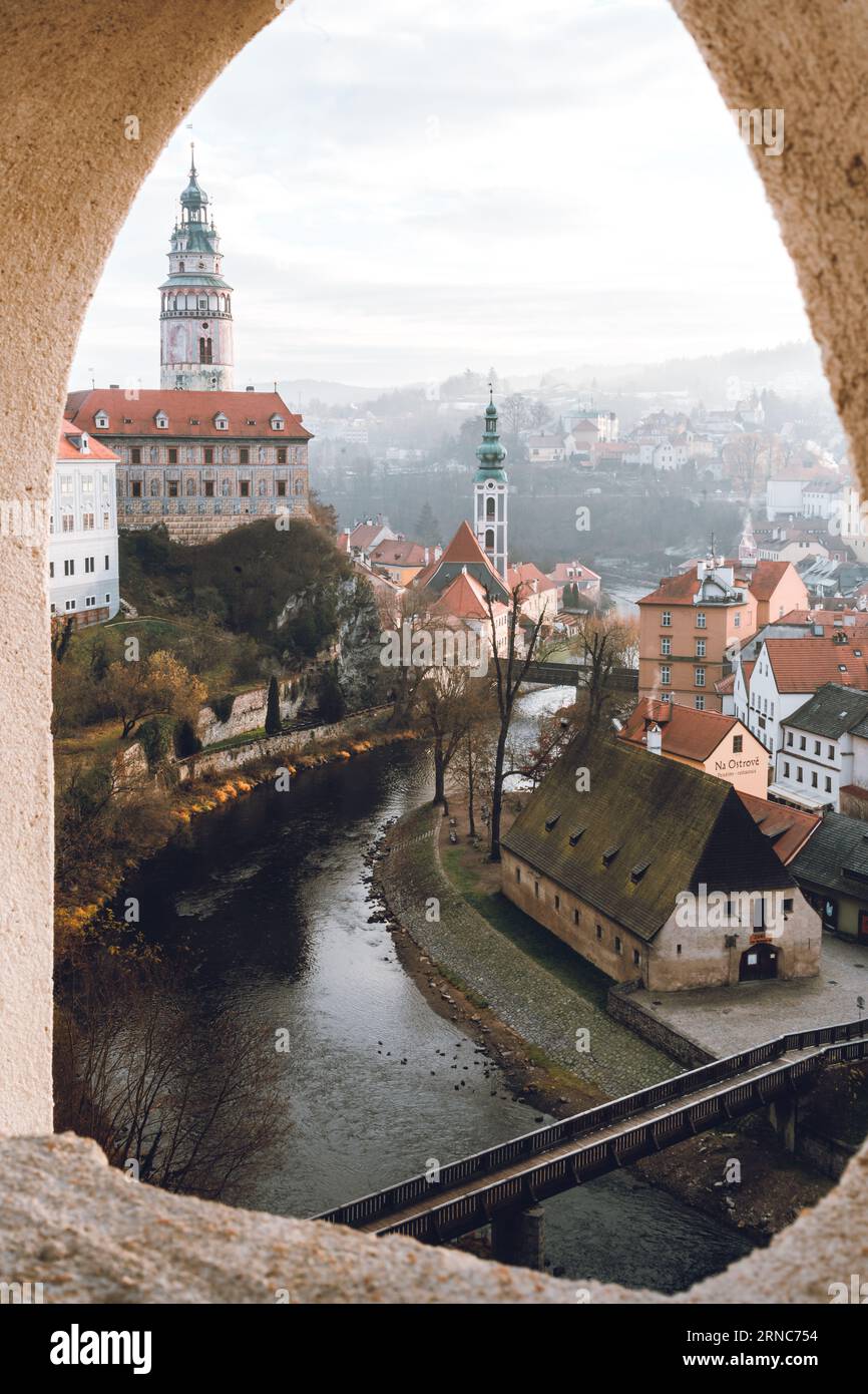 Medieval village, misty morning, ancient arch, historical architecture ...
