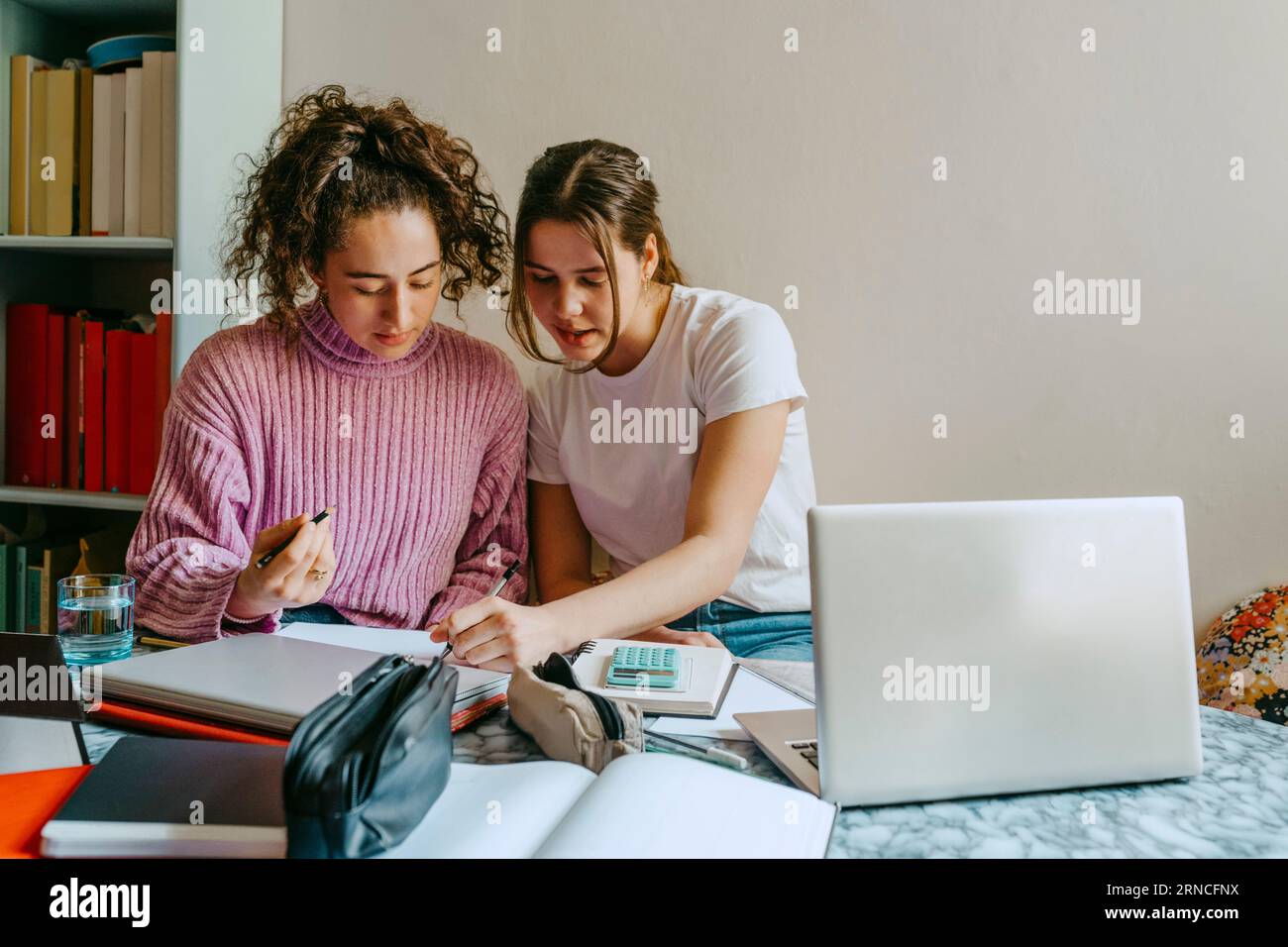 Young female friends helping each other with homework Stock Photo - Alamy