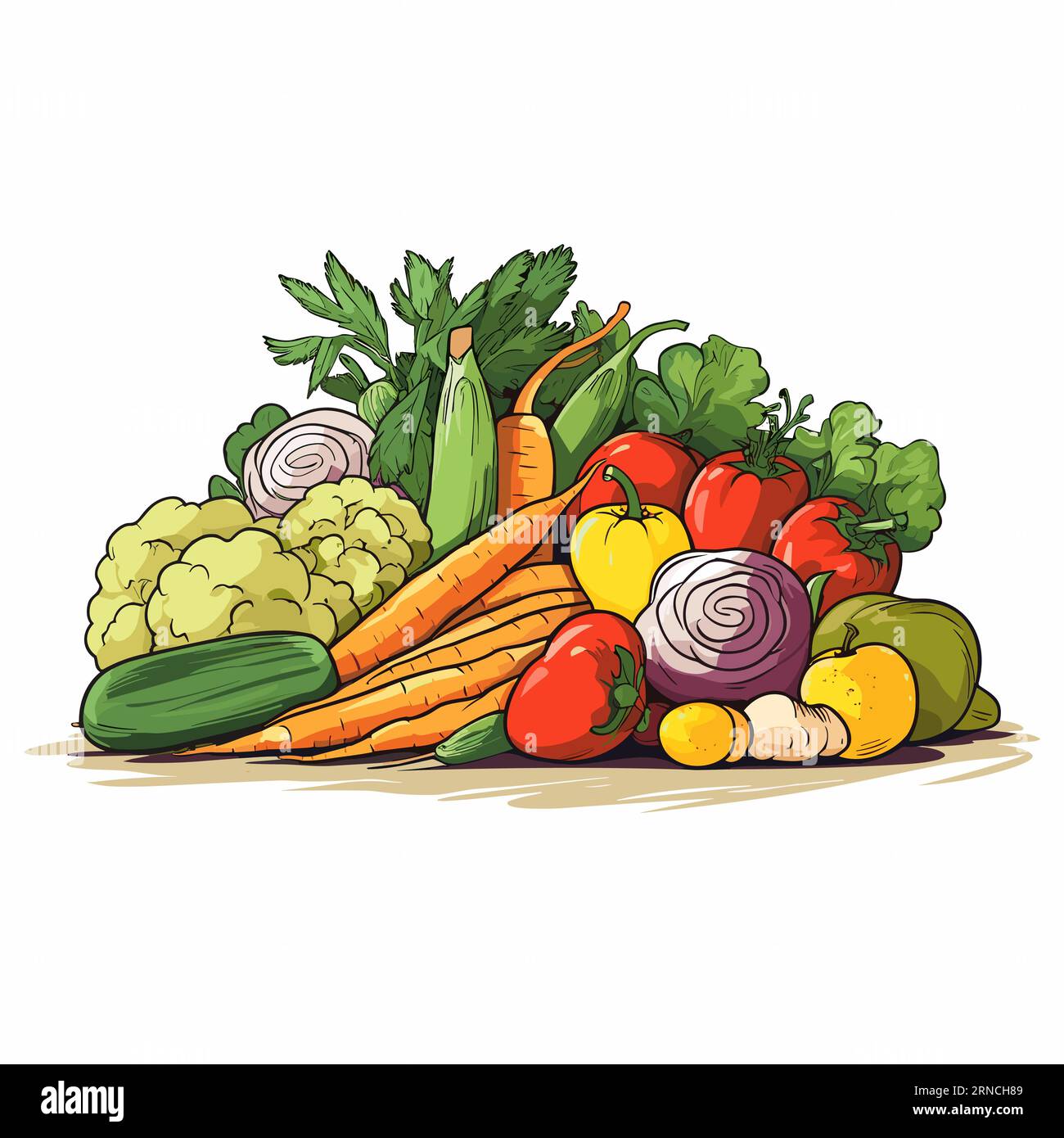 A Pile Of Vegetables On A White Background, In The Style Of Vibrant Caricatures, Crisp Outlines ...