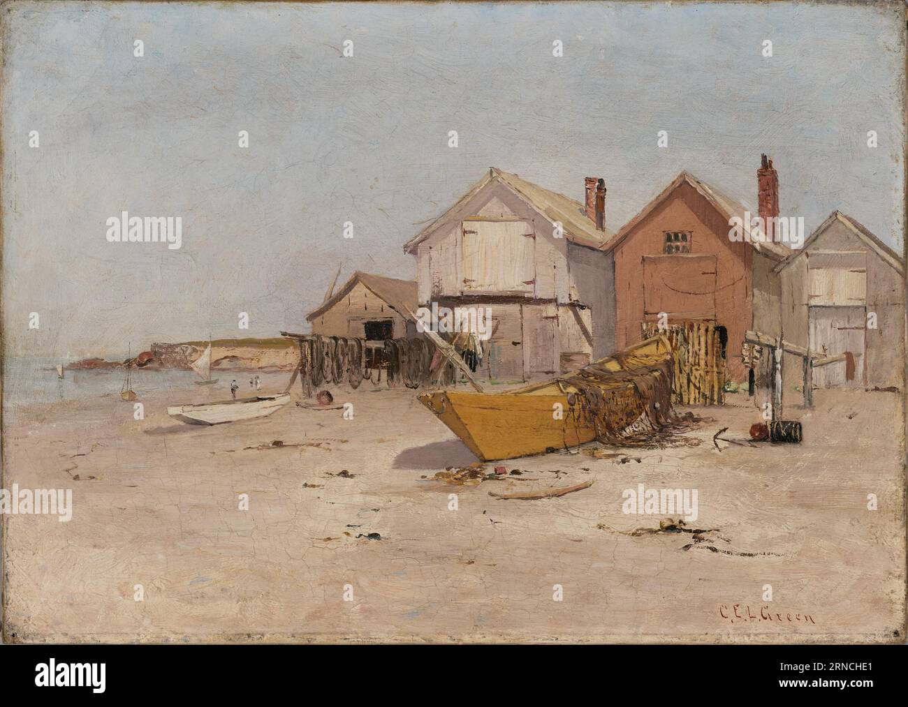 Houses on a Beach circa 1895 by Charles Edwin Lewis Green Stock Photo ...