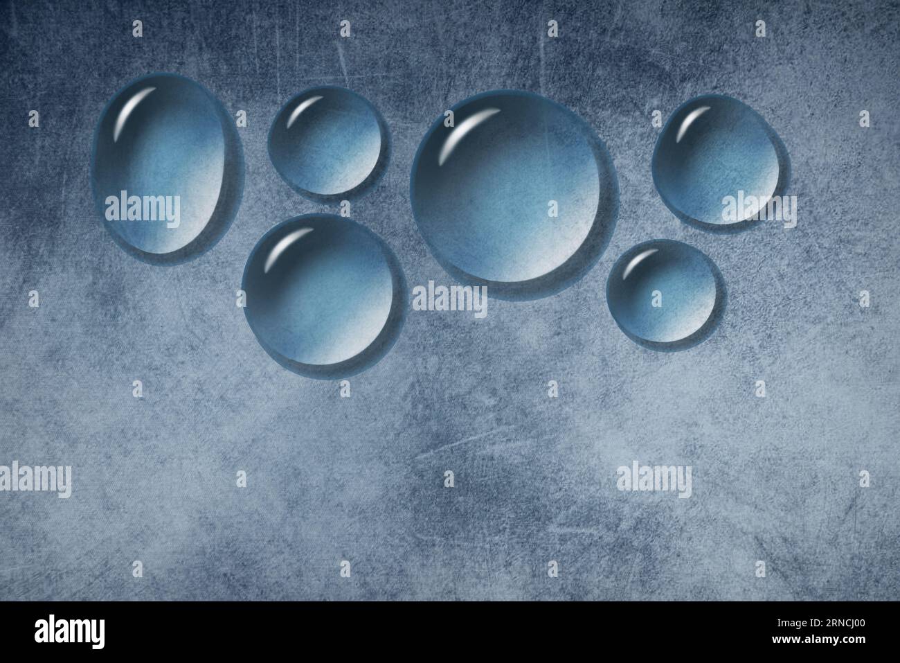 Water droplets are seen on a grunge background in this 3-d illustration ...