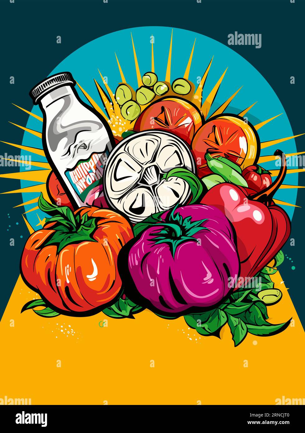 An Illustration Of Vegetable, Fruit And Olive Oil, In The Style Of ...
