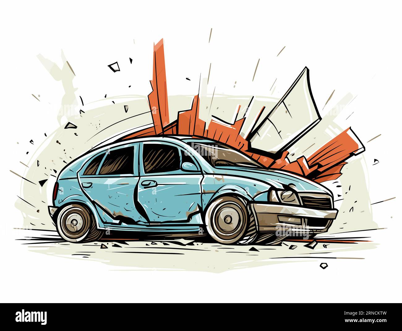 Car Wreckage Illustration In Blue Hand Drawn Style, In The Style Of ...
